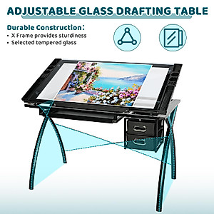 Clevich Glass Tabletop Drafting Table, Drawing Desk w/2 Drawers and Side Tray, 0-65°Angle Adjustable Versatile Art Craft Station, Craft Table w/Sturdy Metal Frame, for Artists Painters Student