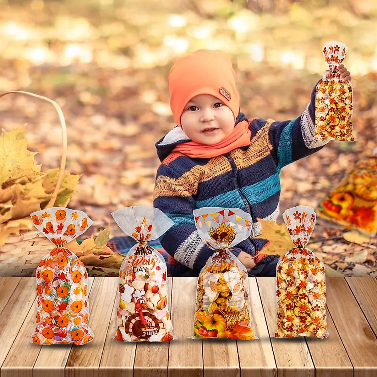 Thanksgiving Treat Bags, 100PCS Thanksgiving Goodie Bags with Twist Ties, Thanksgiving Gift Bags Plastic Candy Bags Cellophane Treat Bags Party Favor Bags Cookie Bags Fall Pumpkin Maple Leaves Bulk