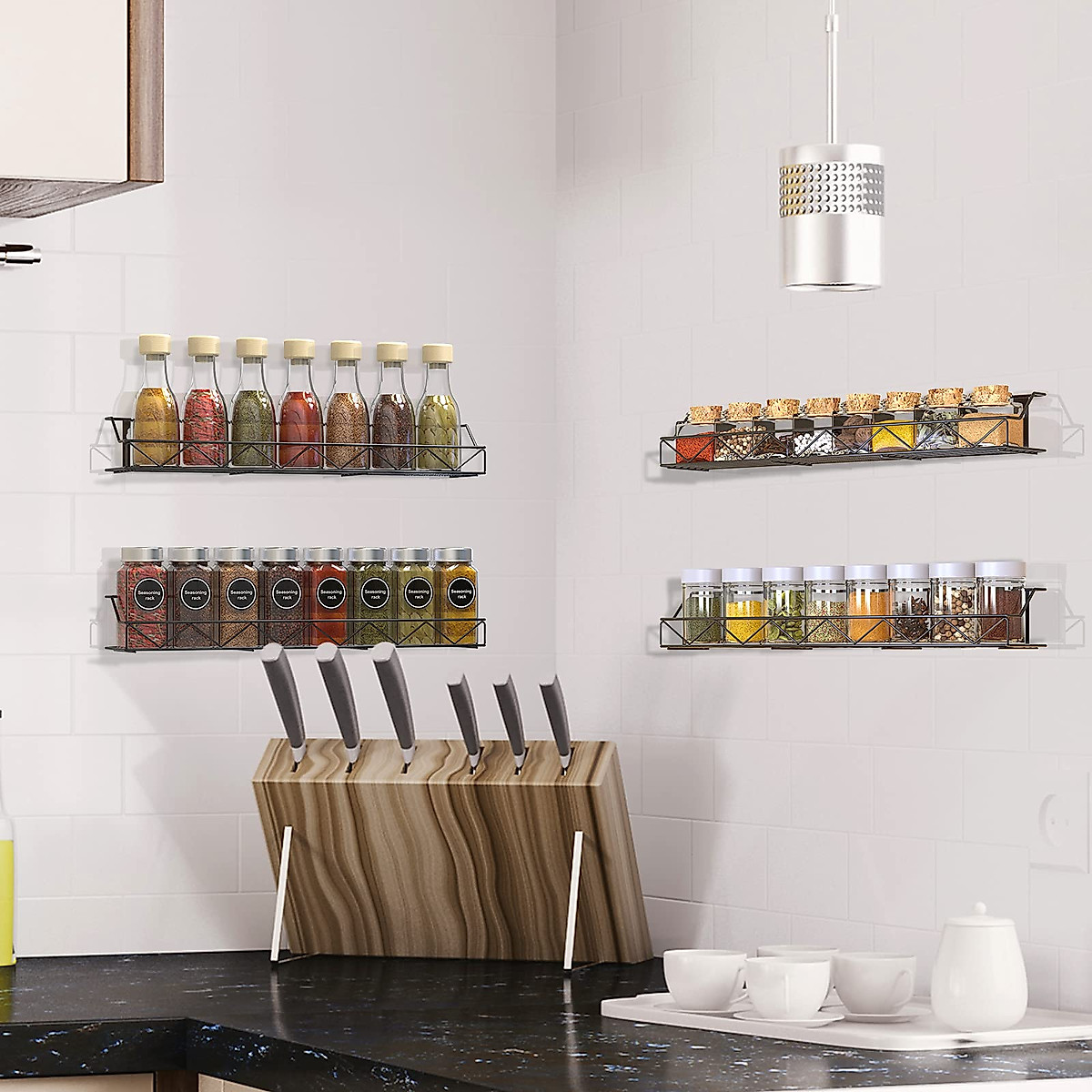 Bextsrack Spice Rack Organizer for Cabinets, 4 Pack Wall Mounted Spice Seasoning Jars Shelf Storage Organizer for Cupboard, Pantry Door, Black