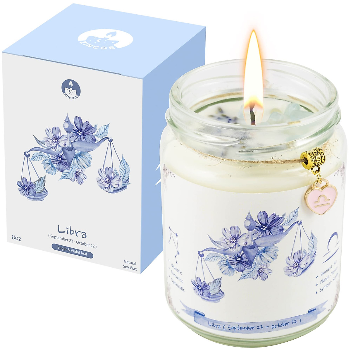ZINCGE Libra Gifts for Women, Libra Candle, Zodiac Crystal Candle Gifts, Astrology Birthday Gifts Natural Soy Violets Scented Candle with Flowers and Lazurite Spirit Gifts for Mom Sister Friends