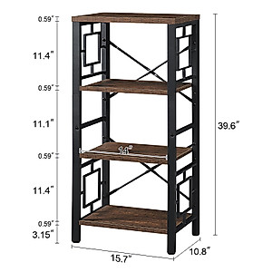 Freexployer Bookshelf, Vintage Industrial 4 Tier Bookshelf, Freestanding Narrow Bookcase with Rustic Wood and Metal, Small Bookshelf for Home Office, Bedroom & Living Room, Retro Brown