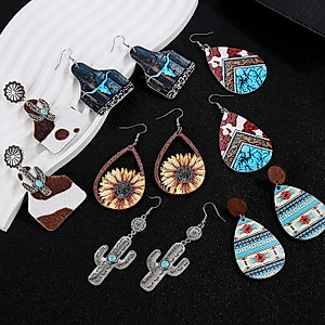 12 Pairs Western Earrings Set for Women Boho Cowgirl Vintage Turquoise Print Leather Wood Teardrop Dangle Bohemian Cowboy Earring Jewelry