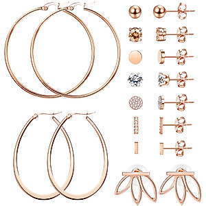 LOYALLOOK 10 Pairs Rose Gold CZ Bar Stud Earrings Set for Women Stainless Steel Earring Lotus Flower Ear Jacket Stud Hoop Earring Women Cartilage Earring Set