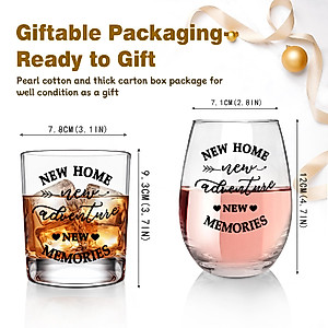 ONEHAUS New Home New Adventures Wine and Whiskey Glass Gift Set - Unique Housewarming Gift for New Homeowners - New Home Gift Ideas for Women and Men