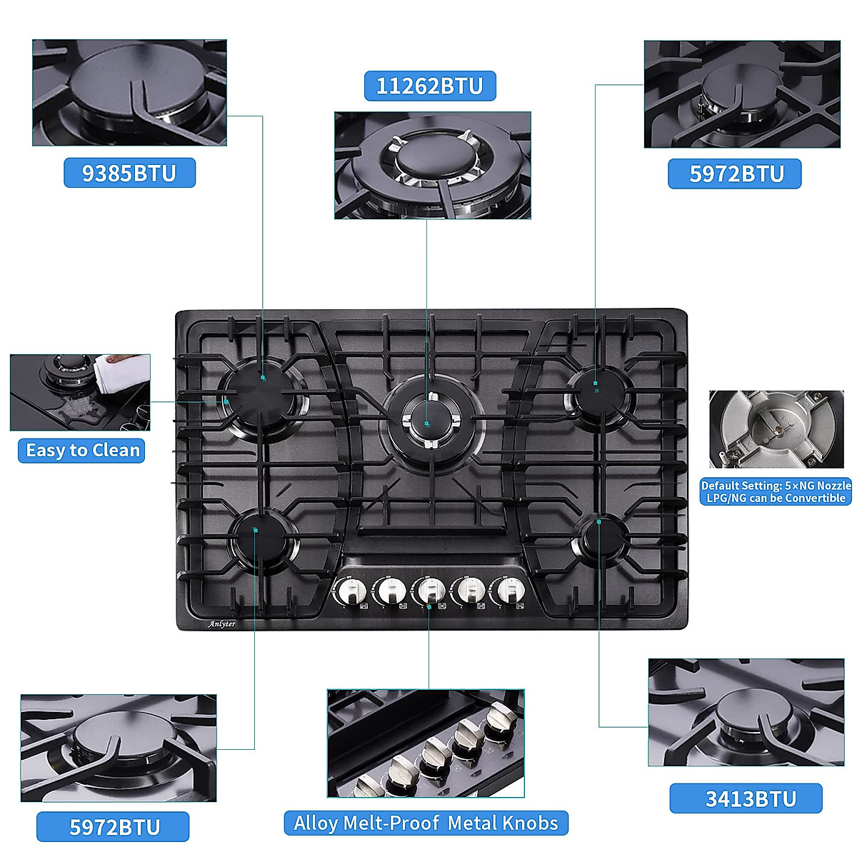 Anlyter 30 Inch Gas Cooktop, 5 Burners Built-in Gas Stovetop Stainless Steel LPG/NG Convertible Gas Stove Dual Fuel Sealed Gas Hob - Black