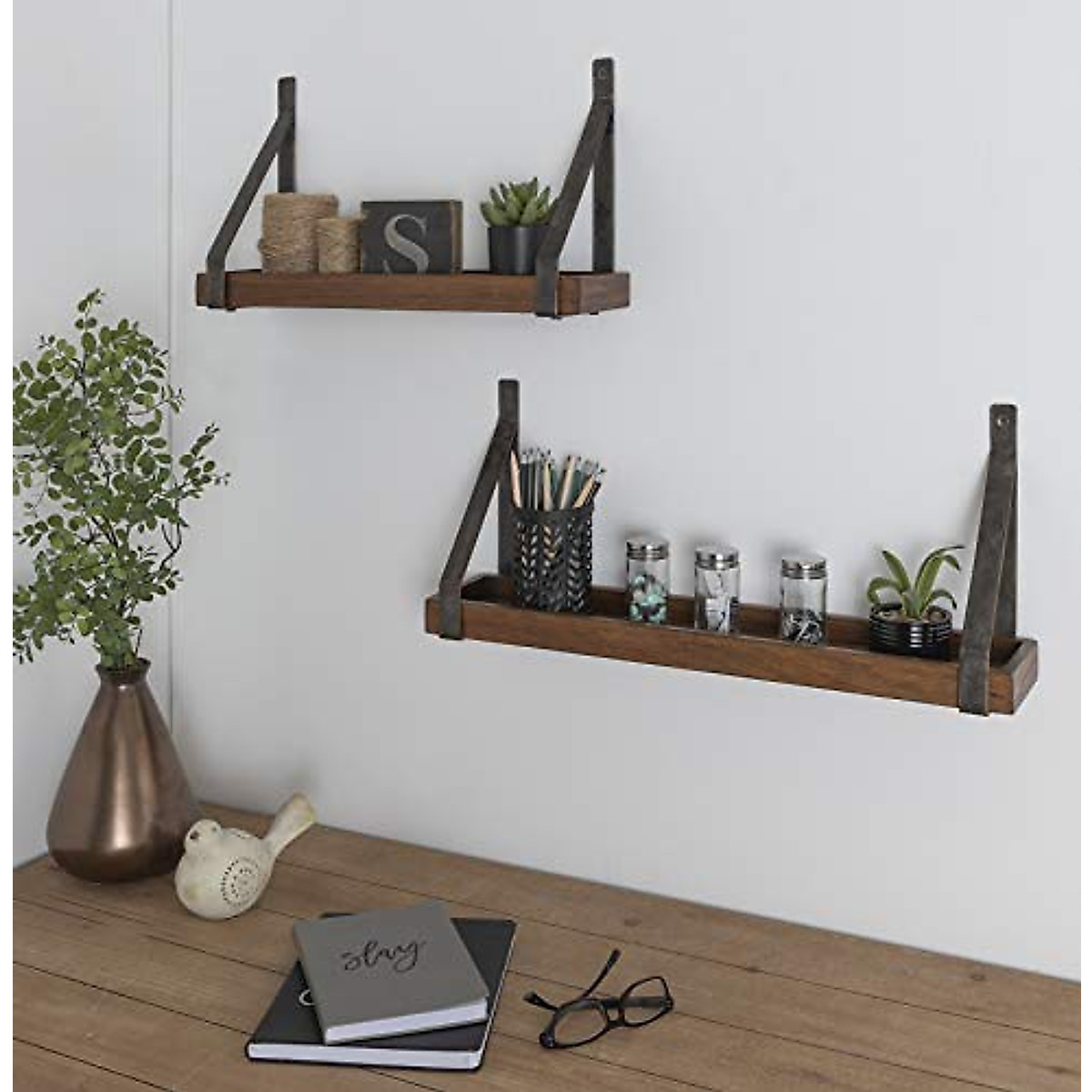 Kate and Laurel Sudbury Rustic Plant Wall Shelf, Set of 2, Rustic Caramel Wood and Iron Metal, Chic Farmhouse-Inspired Floating Shelf Set