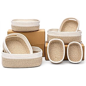 HLWDFLZ 7 Piece Cotton Rope Woven Basket Set - Woven Storage Basket Pets Toy Cotton Rope Basket for Organizing, Small Basket for Montessori, Dog Cat Toy Box, Baby Nursery (Off White/Brown)