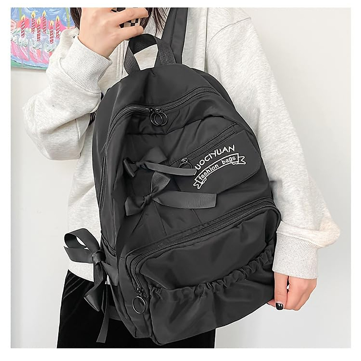 HOKMAH Y2K Backpack for Daily Use, Grunge Bow Tie Kawaii Design Bookbag Daypack Shoulder Bag Ita Bag JK Harajuku Cute Chic (black)