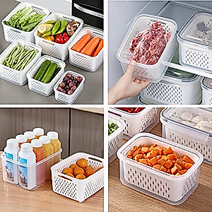 Ronanemon 3Pack Fridge Food Storage Container Set with Lids with Strainer,Plastic Fresh Produce Saver Vegetable Fruit Meat Storage Organization, BPA-Free Plastic Produce Keepers(3.15L+1.7L+0.8L)