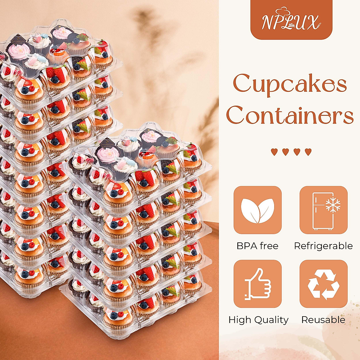 NPLUX 12 Count Cupcake Containers 12 Pack Cupcake Holders with Detachable Tall Dome Lids Clear Plastic Stackable Cupcake Boxes for 144 Cupcakes, BPA Free, Standard Size