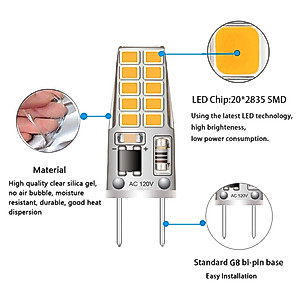 Lacnooe G8 LED Bulb 3W Equivalent to T4 JCD Bi-Pin G8 Base Halogen Bulb 20W-25W Dimmable G8 Light Bulb 120V Warm White 2700K-3000K for Puck Light, Under Cabinet Light, Under Counter Light (6 Pack)