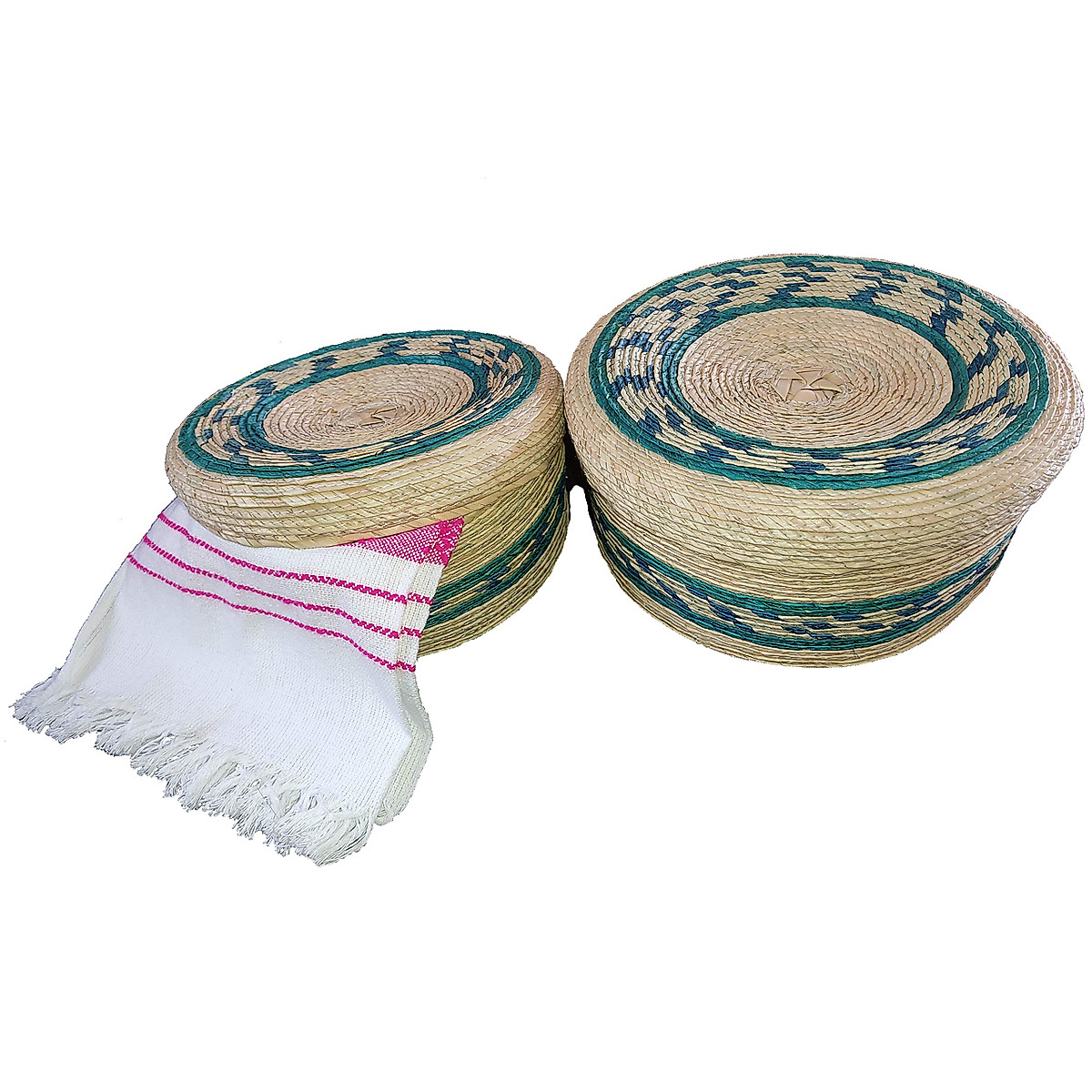 2 pack Mexican handmade palm baskets with lid and 1 woven napkin cloth (servilleta mexicana) 100% cotton Eco Friendly Mexican tortilla warmer (tortillero) for party fiesta decoration (Blue)