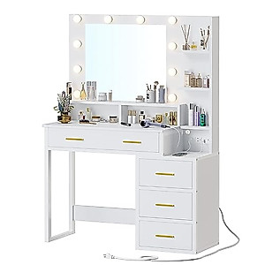 Tiptiper Makeup Vanity with Lights, Vanity Desk with Charging Station, White Vanity Table with 10 Light Bulbs Mirror & 3 Lighting Modes, Makeup Desk with Drawers, Nightstand and Storage Shelves