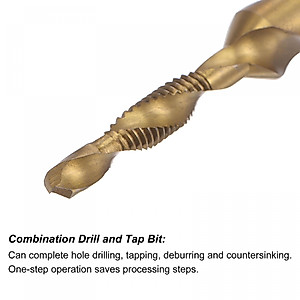 uxcell Combination Drill and Tap Bit Set, M3 M4 M5 M6 M8 M10 Titanium Coated High Speed Steel 4341 Spiral Flute Drilling Tapping Tool 1/4" Hex Shank 6pcs