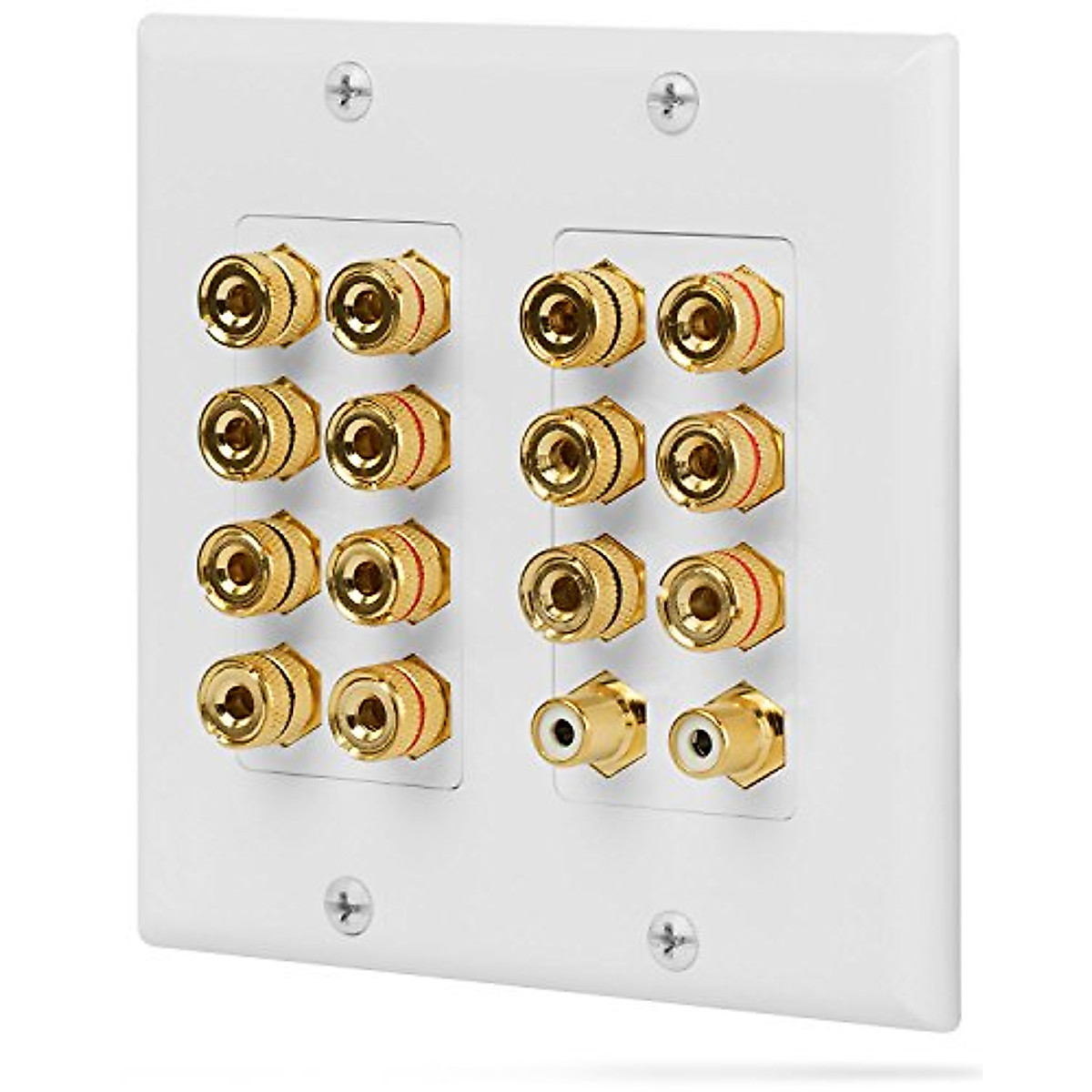 Fosmon 2-Gang 7.1 Surround Sound Distribution Home Theater Wall Plate, Gold Plated 7-Pair Copper Binding Posts Coupler Type for 7 Speakers, 2 RCA Jack for Subwoofer