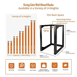 Tecmojo 15U Wall Mount Open Frame Network Rack, Swing Out Hinged Door 18 Inch Depth, Holds Network Servers and AV Equipment, Easy Rear Access to Equipment, Door Opens 180 Degrees from Either Side