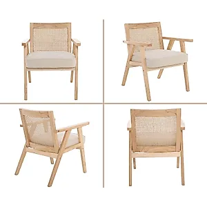 Guyou Mid Century Modern Rattan Chair, Upholstered Velvet Accent Chair with Rattan Back, Retro Living Room Chair for Bedroom/Fire Place/Reading Room (Beige)