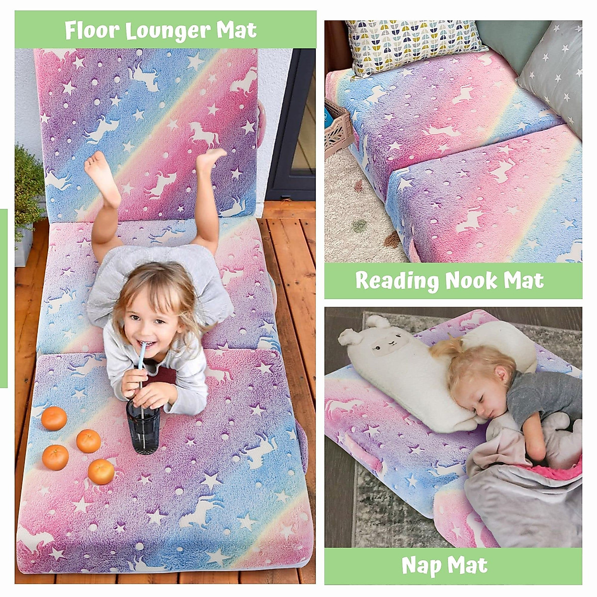 MeMoreCool Glow Rainbow Unicorn Foldable Floor Mattress for Kids, Trifold Nap Mat for Toddlers, Portable Daycare Sleeping Futon or Floor Bed, 63x26 Inch