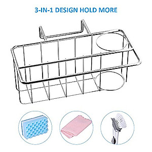 GEEKERA Sponge Holder for Kitchen Sink, 3-in-1 Sink Caddy, Brush, Dish Towel, Sponge Sink Organizer Liquid Drainer Rack - SUS304 Stainless Steel