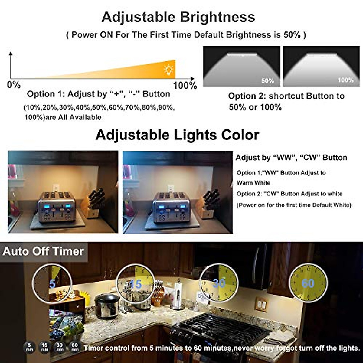 LDOPTO Under Cabinet Lights Wireless with Remote Control Dimmable Battery Operated LED Closet Lights Stick-on Kitchen Lighting with Timer for Kitchen Shelf Hallway Stairs, Multiple Colors 4 Pack