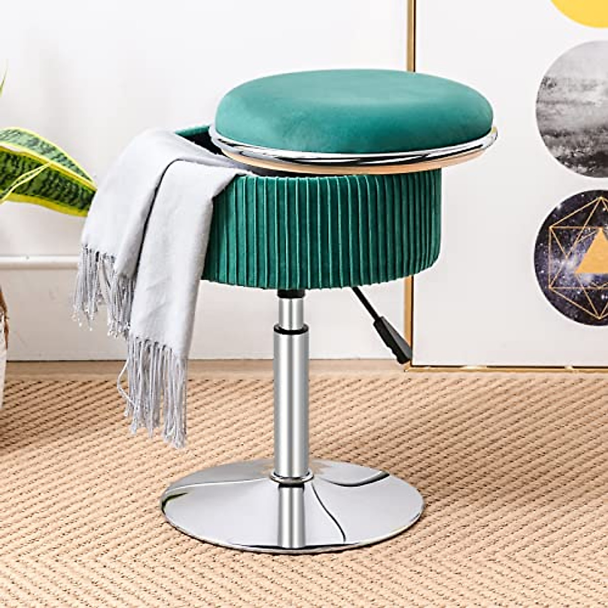 Round Storage Vanity Stool, 360°Swivel Height Adjustable Stool Chair, Emerald Vanity Stool Chair for Makeup Room, Velvet Stool for Vanity With Storage, Vanity Ottoman Chair for Bathroom Living Room