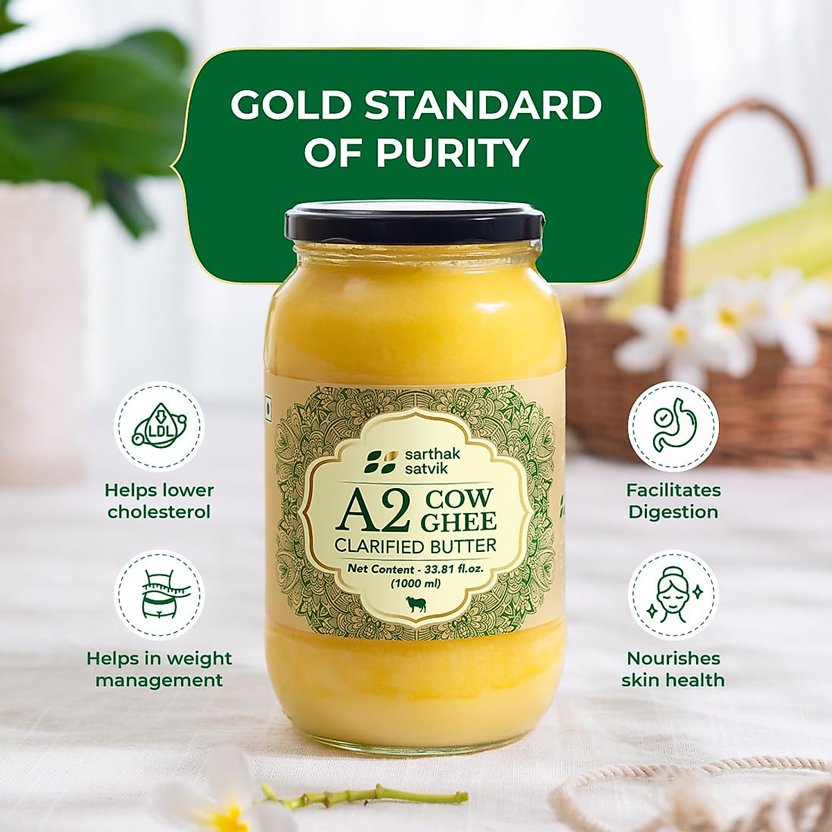 Sarthak Satvik A2 Cow's Ghee | Free Grazing Pure Desi Cow | Using Traditional Bilona Method | Helps in Building Bone Strength & Improves Stamina | Organic and Natural Immunity Booster - 33 Oz