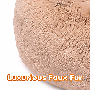 Friends Forever Donut Dog Bed Faux Fur Fluffy Calming Sofa For Small Dogs, Soft & Plush Anti Anxiety Pet Couch For Dogs, Machine Washable Coco Pet Bed with Non-Slip Bottom, 23"x23"x6" Tan