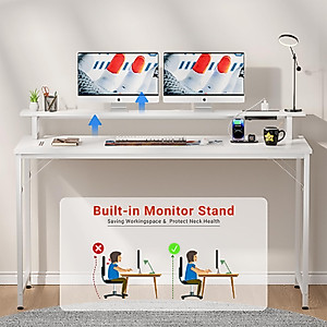 iSunirm 55 inch Computer Desk with Power Outlets, Office Desk Gaming Desk with LED Lights, Home Office Desk with Monitor Shelf, Modern Work Desk Study Writing Table for Bedroom, Pure White