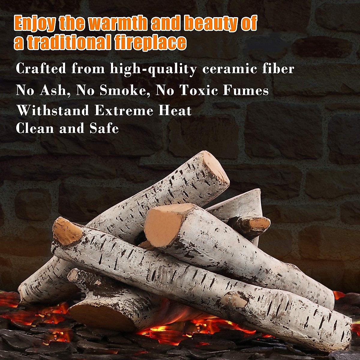 Hisencn Gas Fireplace Logs Set, Ceramic White Birch Log for Gas Fireplace Intdoor Inserts, Vented, Electric Gas Fireplaces, Outdoor Firebowl, Linear Fire Pits Ceramic Fiber Fake Wood Logs, 6pcs