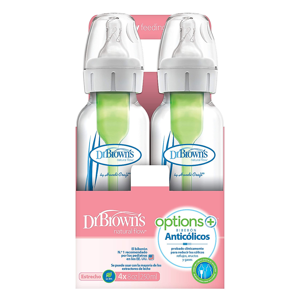 Dr. Brown’s Natural Flow® Anti-Colic Options+™ Narrow Baby Bottles, 8 oz/250ml, with Level 1 Slow Flow Nipple, 4 Pack, Pink/Clear
