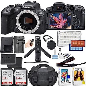 Canon EOS R10 Mirrorless Camera (Body Only) + Canon HG-100TBR Tripod Grip + 2pc 64GB Memory Cards + LED Video Light & More (Renewed)