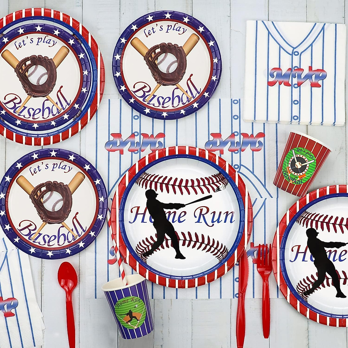 Baseball Party Supplies Sports Tableware Party Pack for Baseball Themed Birthday Party Including Plates, Cups, Napkins, Spoons, Knives, Forks, Tablecloth, Banner Serves 20