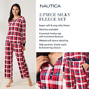Nautica Pajamas for Women Set, Womens Long Sleeve Henley Pajama Shirt Top & Pants, Cozy Soft Sleepwear Lounge PJ Sets for Women, Women's Winter Warm Fleece PJs Loungewear - Navy Blue Dots, Large