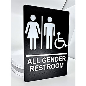 All Gender Restroom Sign Set, ADA Compliant Title 24 Set, Wall & Door Sign, Braille Grade II(Californian), Title 24,12" Diameter Round Door Sign & Tactile Wall Sign (Black)