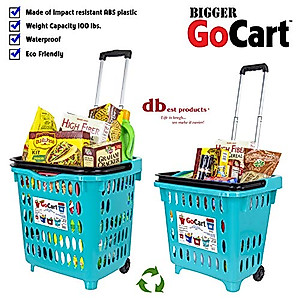 dbest products Bigger GoCart Grocery Cart Rolling Shopping Laundry Basket on Wheels Hamper with Telescopic Handle Cleaning Caddy Trolley, Teal, Bigger 1 pack