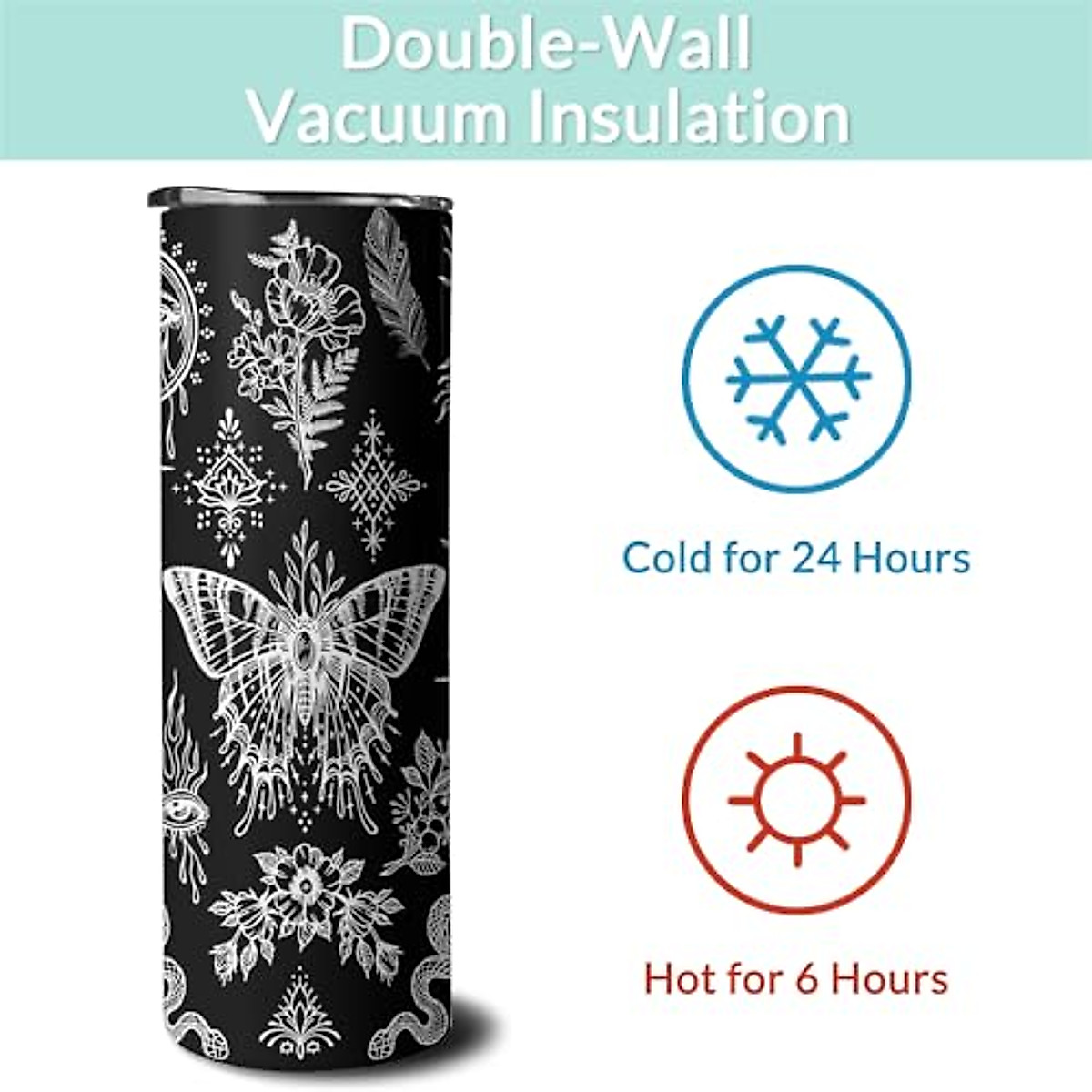 owbgsdh 20 oz Goth Skinny Tumblers with Lid and Straw, Butterfly Stainless Steel Vacuum Insulated Travel Coffee Mug Cup Water Bottle, Gothic Decor Stuff Accessories, Gifts for Women Girls Goth Lover