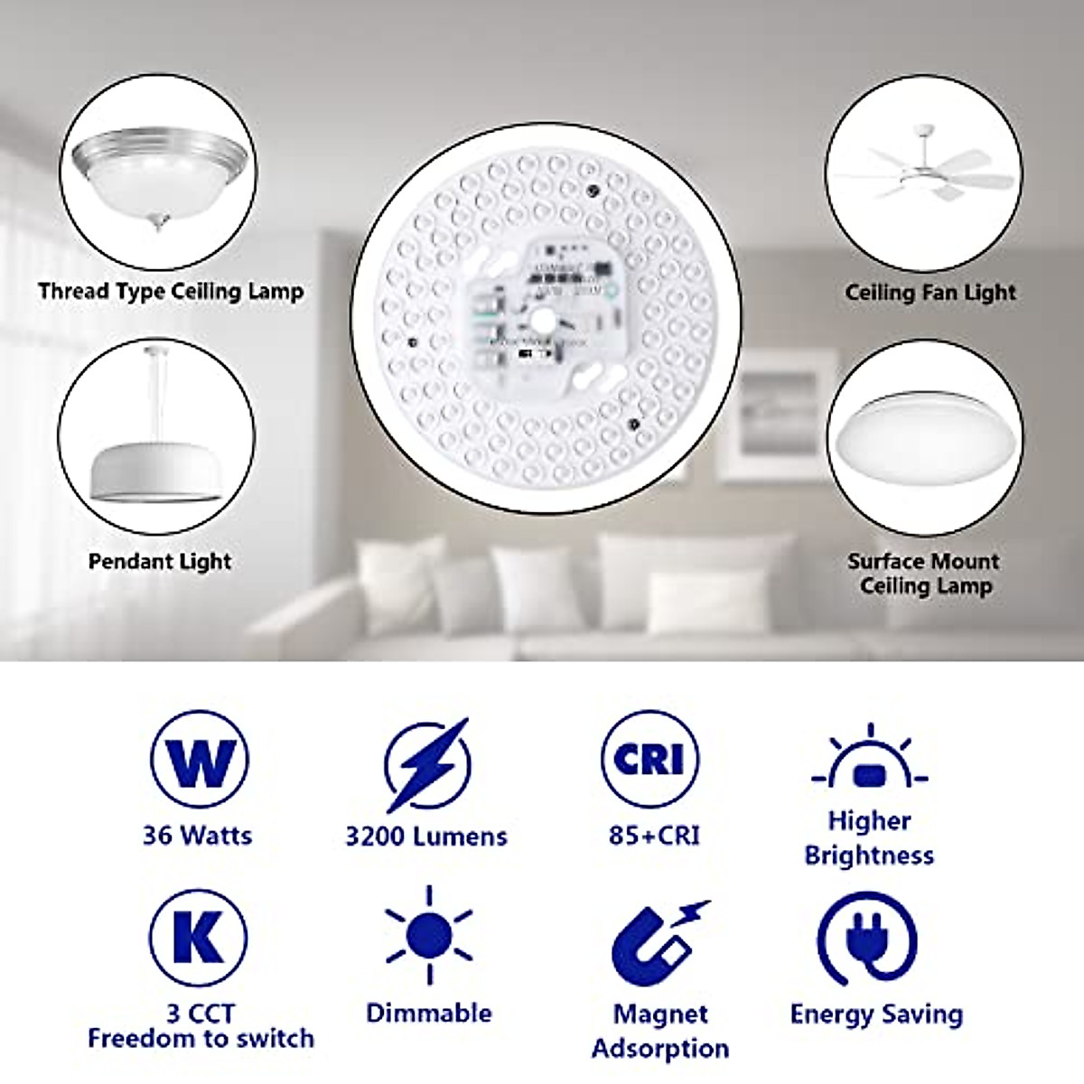 Siomen,Dimmable 7" 36W,120V,3CCT 3500K/5000K/6500K CRI85,LED Light Engine Retrofit Kit,Ceilining Fan Kit,LED Board for Ceilining Flush Light,Round LED Panel Circle Fluorescent Bulb