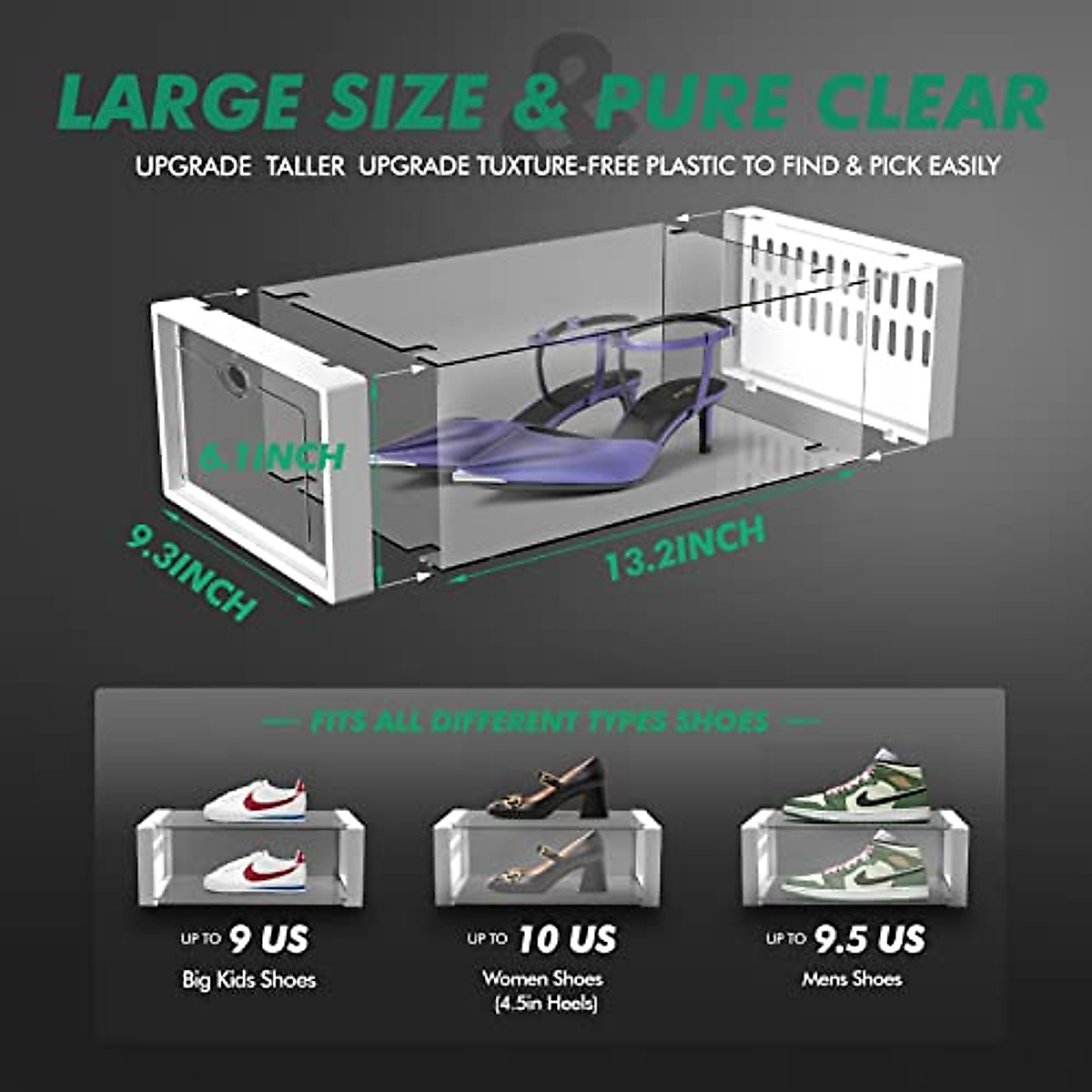 Durable Shoe Boxes Clear Plastic Stackable, Sturdy Hard Plastic Shoe Storage Boxes, Pure Clear Shoe Boxes Stackable, Space Saving Shoe Box Sneaker Storage Shoe Containers Medium Size Shoe Case 12PACK (Clear-8Pack)