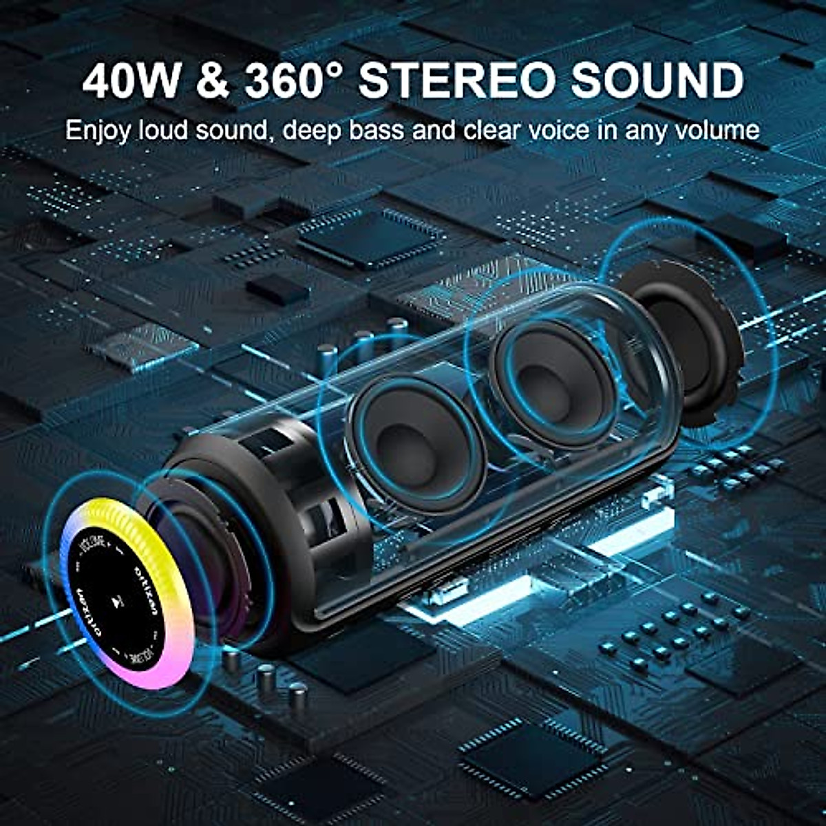 Ortizan Bluetooth Speakers, 40W Wireless Speaker with Bluetooth 5.0, IPX7 Waterproof Outdoor Speaker, 30H Playtime, Rich Bass, LED Lights, Stereo Pairing, Portable Speaker for Beach, Pool, Party