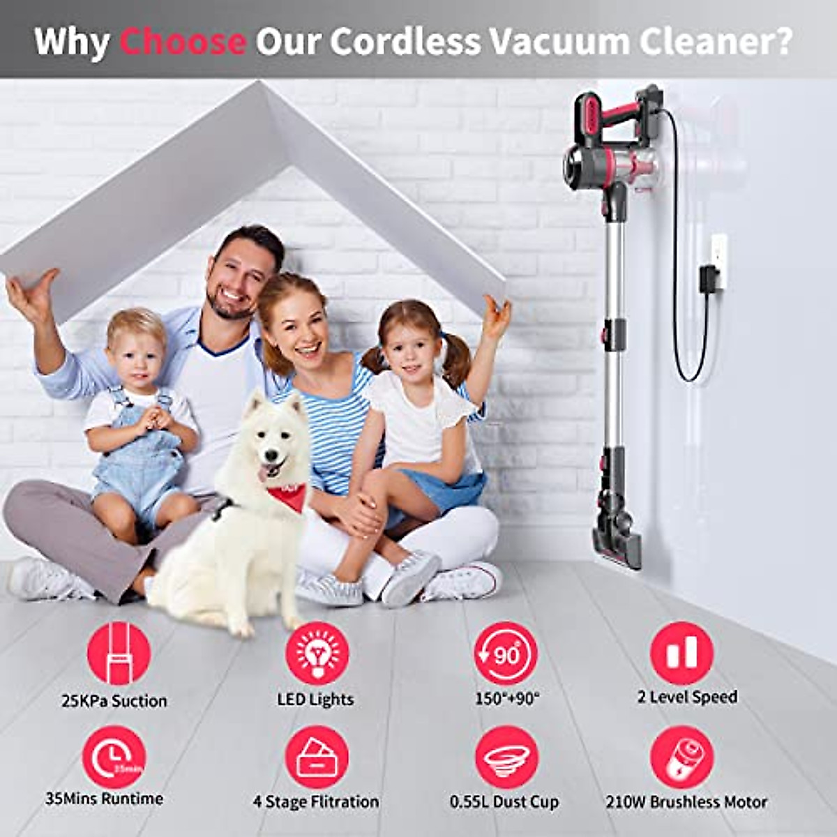 Foppapedretti Cordless Vacuum Cleaner, 25Kpa Powerful Stick Vacuum, 210W Brushless Motor 4-in-1 Rechargeable Vacuum with 2200mAh Battery Up to 35 Mins Runtime, Lightweight Vacuum Cleaner for Pet Hair