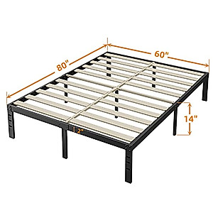 ZIYOO Queen Size Bed Frame, 3" Extra Wide Wood Slats with Better Support for Mattress,14 Inch High, No Box Spring Needed, Noise Free, Easy Assembly