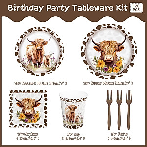 120pcs Highland Cow Birthday Party Supplies Plates Napkins Holy Cow Paper Disposable Tableware Set Cups Forks for 24 Guests
