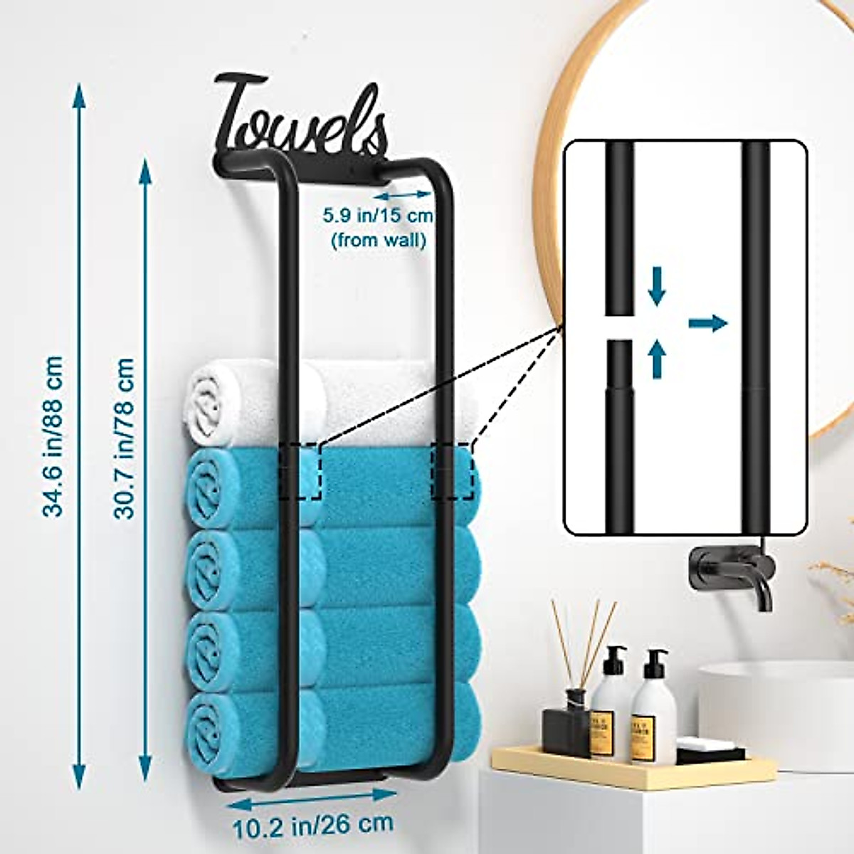 Towel Racks for Bathroom Wall Mounted, Bath Towel Holder, Bathroom Towel Storage, Bathroom Organizer, Wall Towel Rack for Rolled Bath Towels, Hand Towels, Washcloths in Small Bathroom/RV/Camper-Black