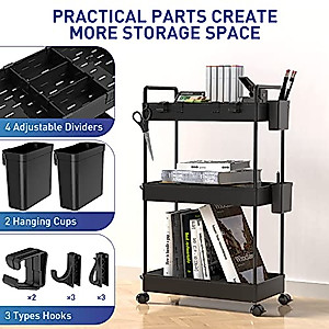 Ronlap Slim Storage Cart, 3 Tier Utility Rolling Cart with Wheels Lash Cart Organizer Small Slide Out Mobile Storage Cart with Hanging Cup Divider for Bathroom Laundry Room Kitchen Narrow Place, Black