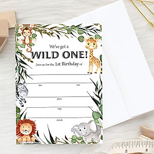 Moonrise Papery SET OF 25 Safari 1st Birthday Party Invitations, Wild One Invitations with Envelopes, Jungle Theme, Lion, Elephant, Giraffe, Zebra, Monkey Birthday Party Invites