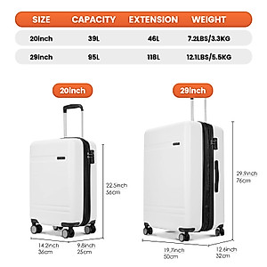 PRIMICIA GinzaTravel 2-Piece Luggage Sets Expandable Suitcases with 4 Wheels PC+ABS Durable Hardside Luggage sets TSA lock (White, 2-Piece Set(20"/29"))