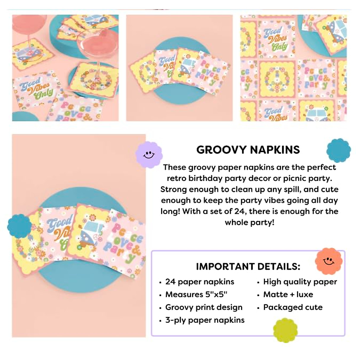 xo, Fetti Groovy Napkins - 3-ply, 24 pcs | Happy Pastel Birthday Party Decorations, 70s Baby Shower, Cool Peace Cake Napkins