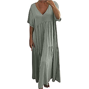 Summer Dresses for Women 2023 Womens Oversized Long Dress Flowy Cotton Linen Maxi Dresses Smocked Casual Floor Length Beach Dress Baggy Sundresses Robe De Soiree Femme Khaki