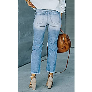 MINGALONDON Ladies Ripped Mom Jeans High Waisted Distressed Stretchy Boyfriend Denim Pants Light Blue L