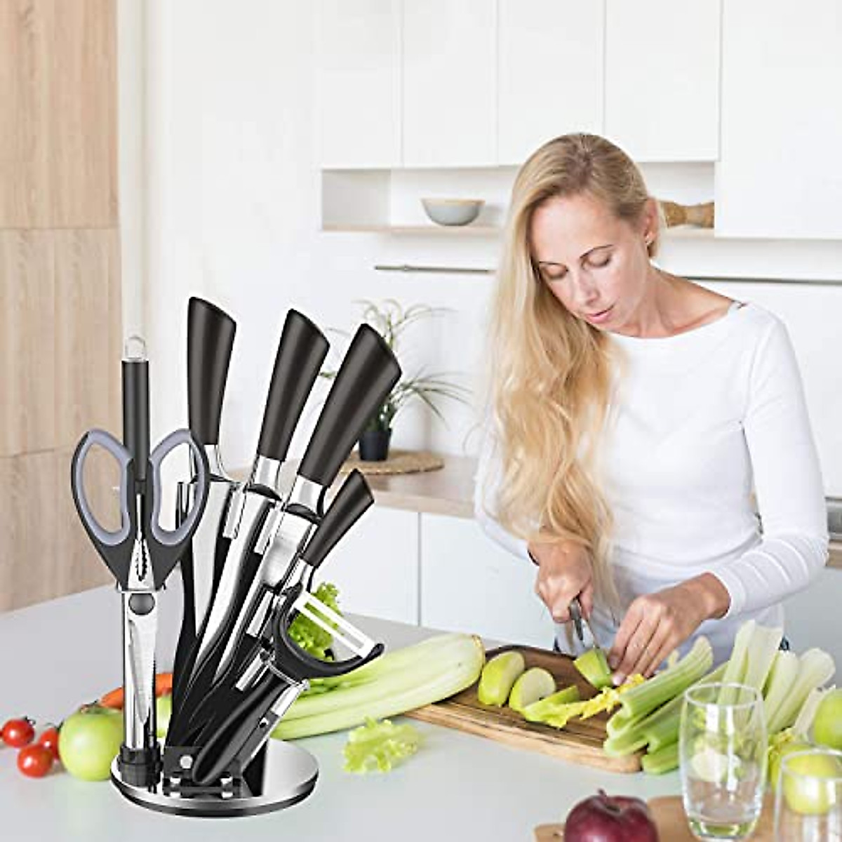 KIMIUP 9 Pieces Kitchen Knife Set with Block,5 Stainless Steel Knives and Scissors Peeler Knife Sharpener with Stand 360 Degree Revolving Base,Black Handle